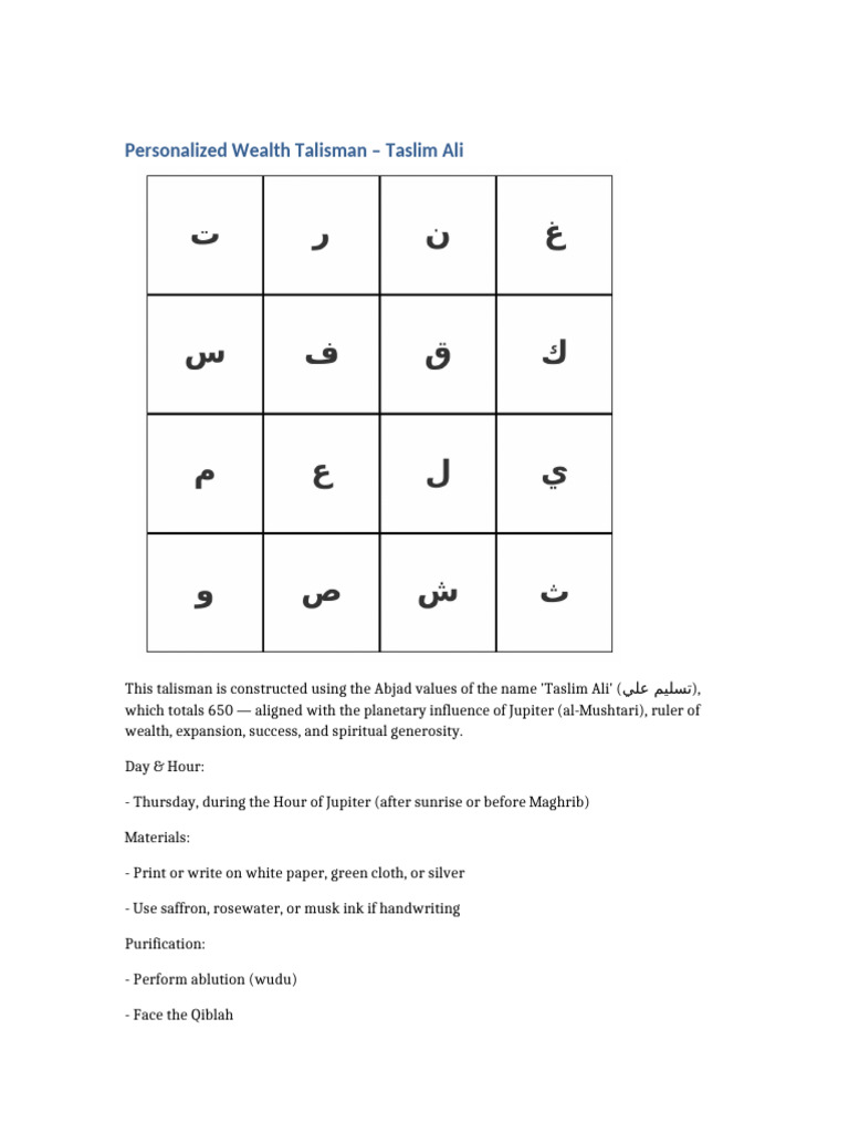 Taslim Ali Wealth Talisman New | PDF