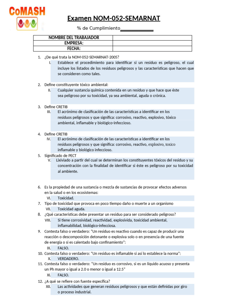 nom-052-cuestionario (1) | PDF | Toxicidad | Residuos