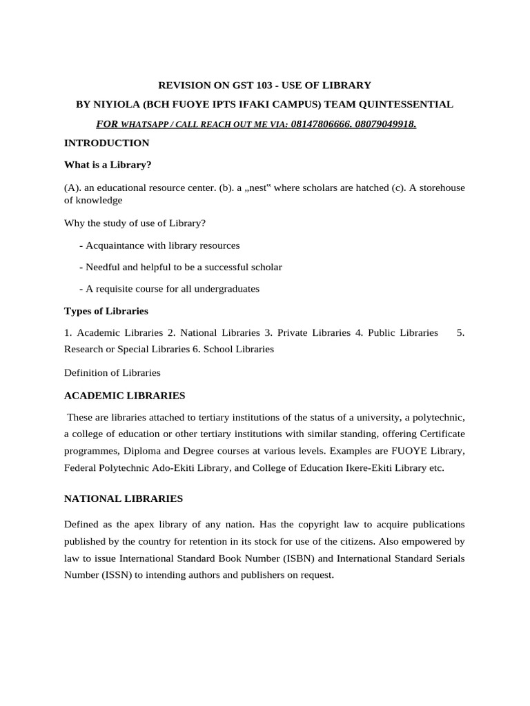 Revision On GST 103 by Niyiola | PDF | Libraries | Copyright Infringement