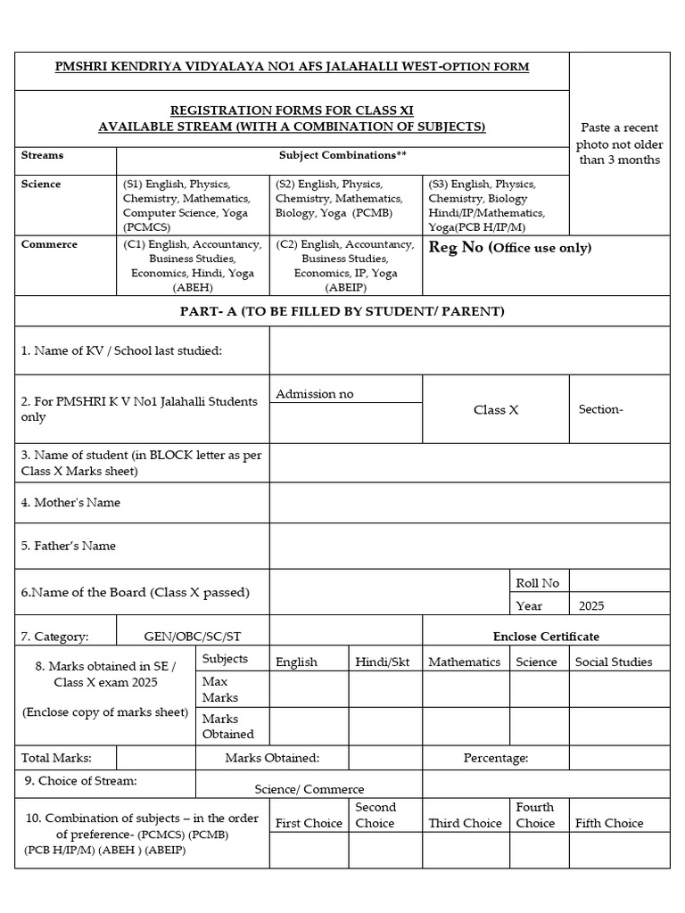 Class 11 Stream Selection Form 2025 | PDF