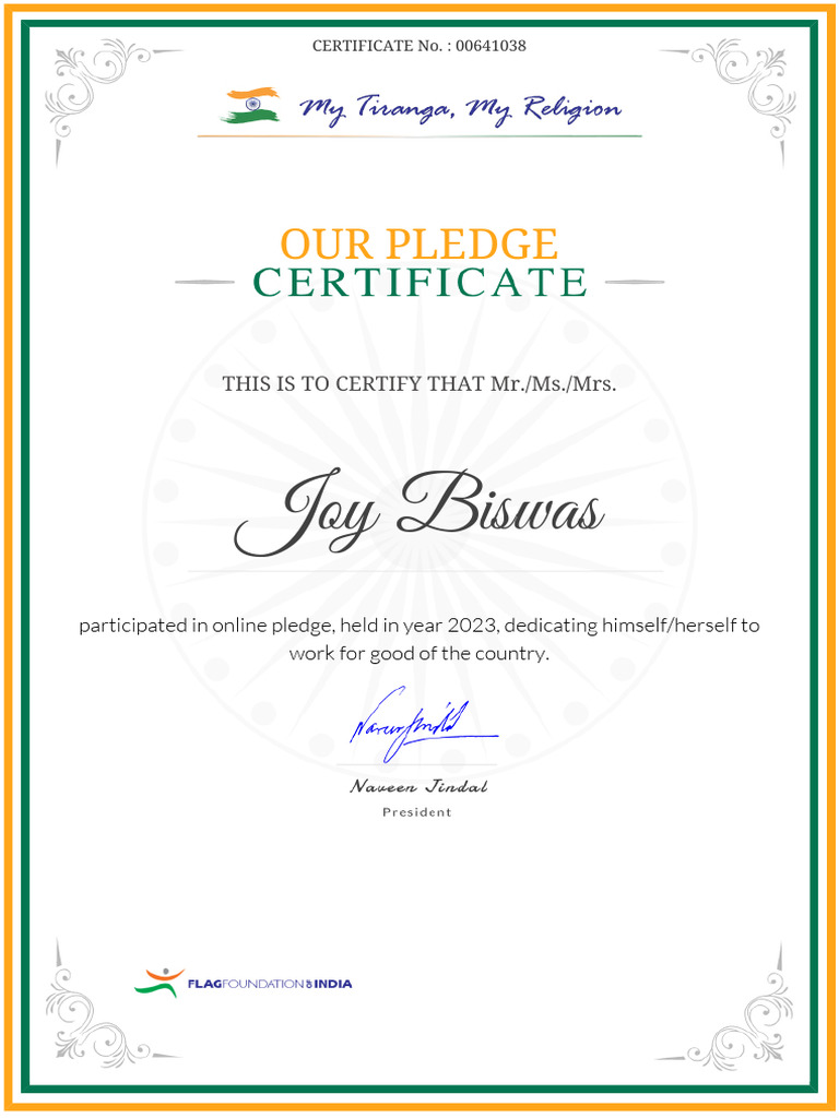 Tiranga Pledge Certificate | PDF