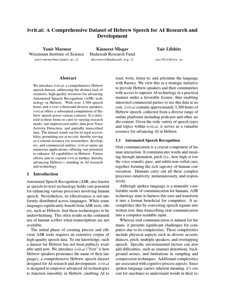 Ivrit - Ai: A Comprehensive Dataset of Hebrew Speech For AI Research and Development | PDF ...