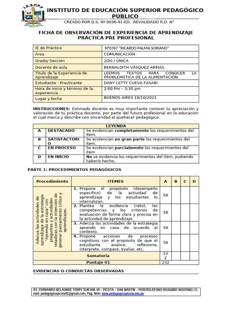 Ficha de Observación Práctica - Preprofesional - 18-10-2021 Segundo | PDF | Aprendizaje | Enseñando