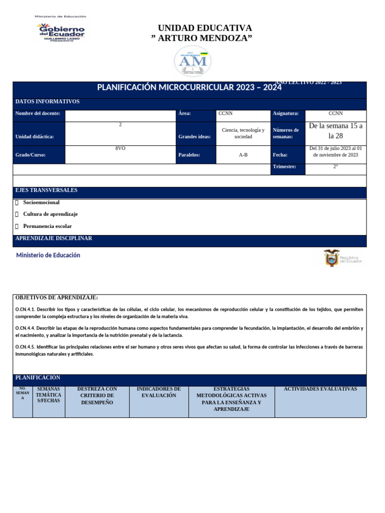 Planificación Ccnn 8vos Manuel Bonilla Segundo Trimestre Ccnn | PDF | Mitosis | Aprendizaje
