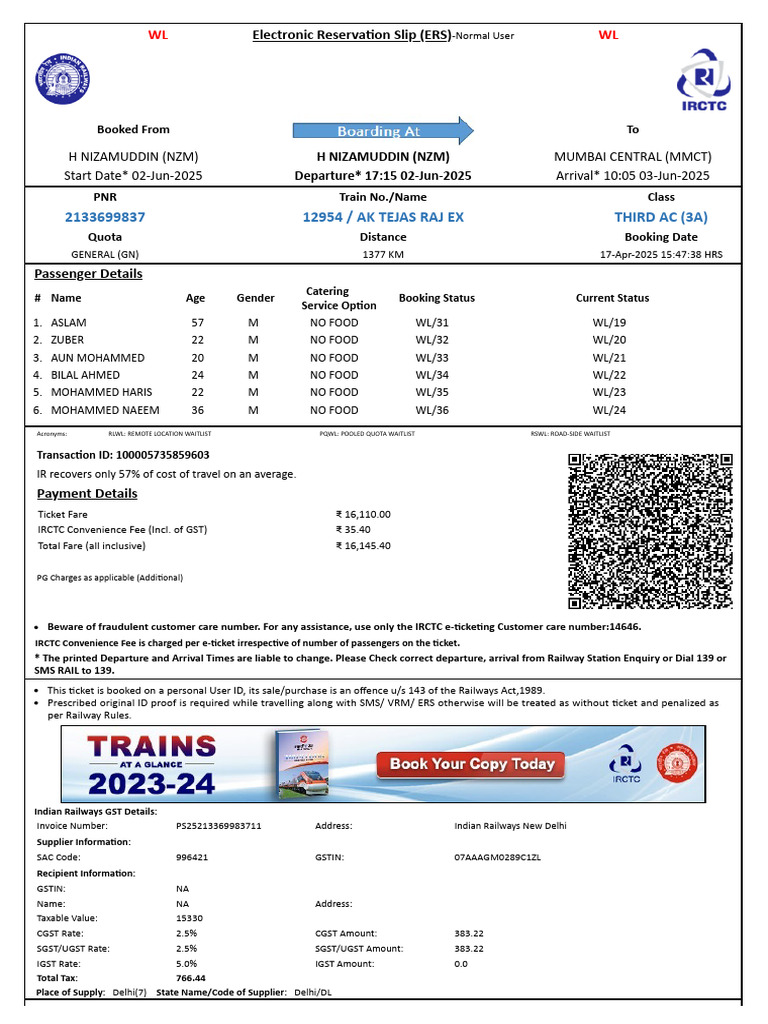 Railway Ticket, Zuber+5, NZM-MMCT, August Kranti Rajdhani Exp., 02-Jun ...