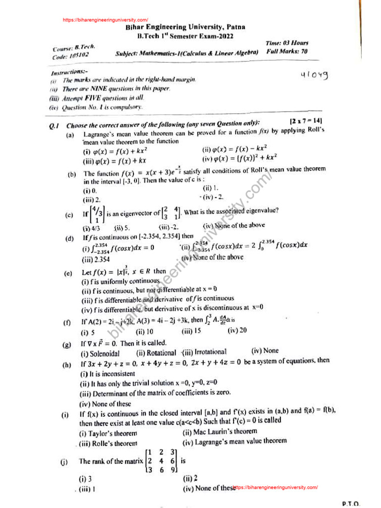 BEU CSE 1 SEM Mathematics1 (Calculus & Linear Algebra) 105102 2022 | PDF