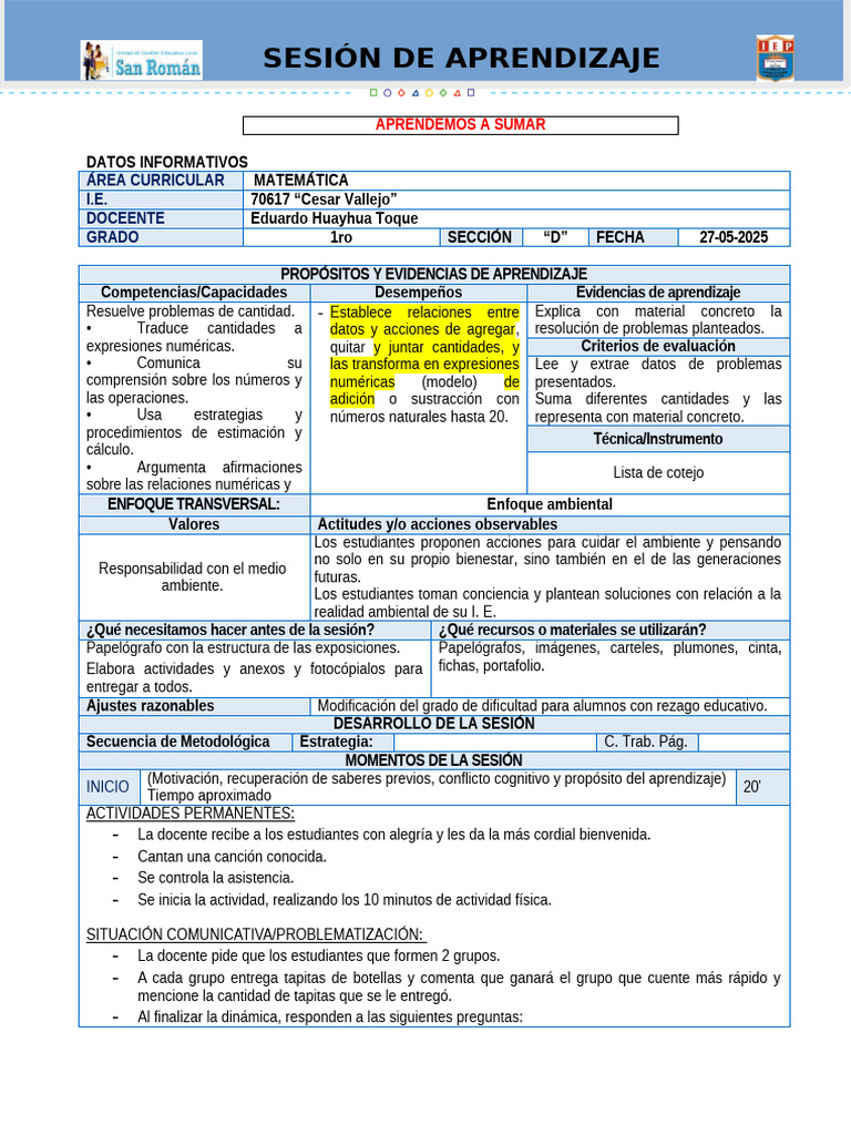 Sesión de Aprendizaje Aprendemos A Sumar | PDF | Aprendizaje | Evaluación