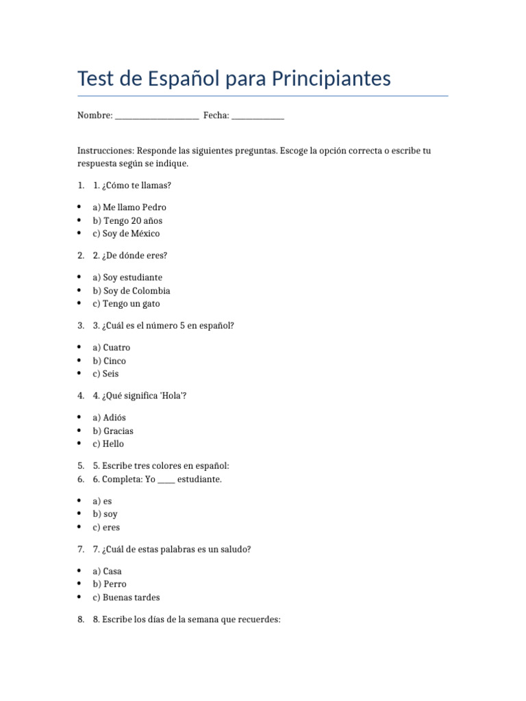Test Espanol Principiantes | PDF