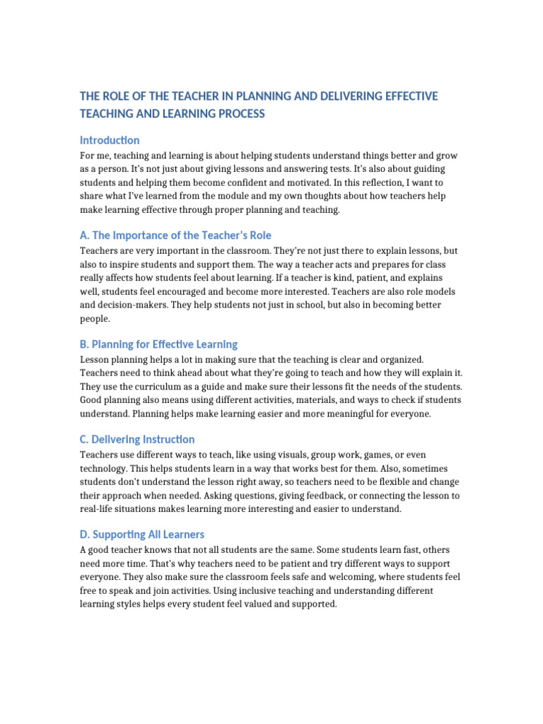 Reflection Paper Teacher Planning Delivery | PDF | Teachers | Learning