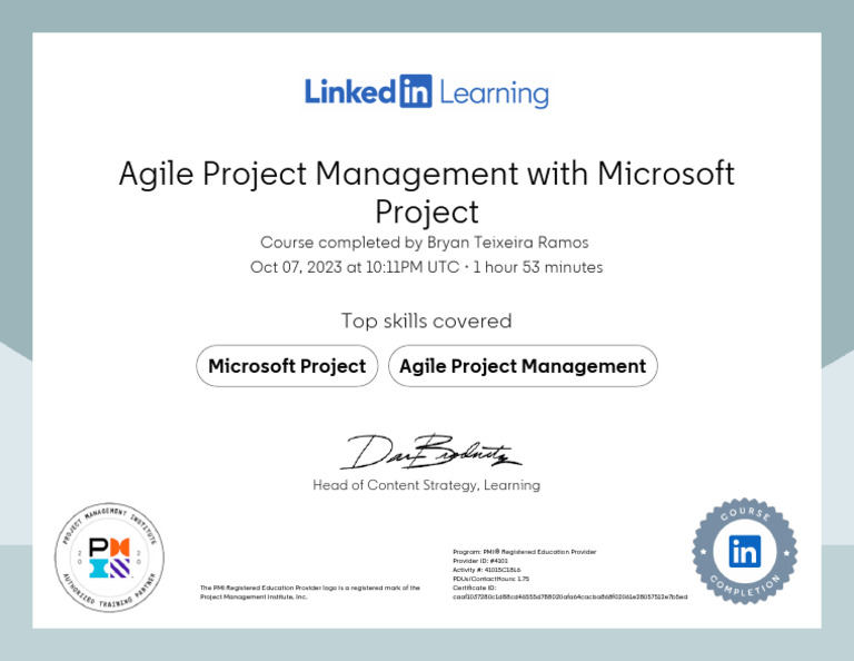 CertificateOfCompletion - Agile Project Management With Microsoft Project | PDF