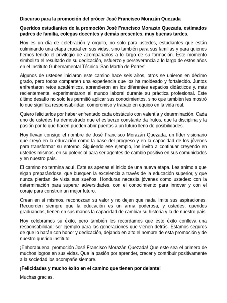 Discurso para La Promoción Del Prócer José Francisco Morazán Quezada | PDF | Maestros