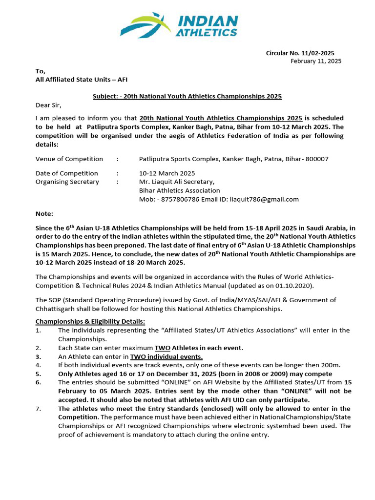 Circular 20th National Youth Athletics Championships 2025 | PDF | Athletics | Track And Field