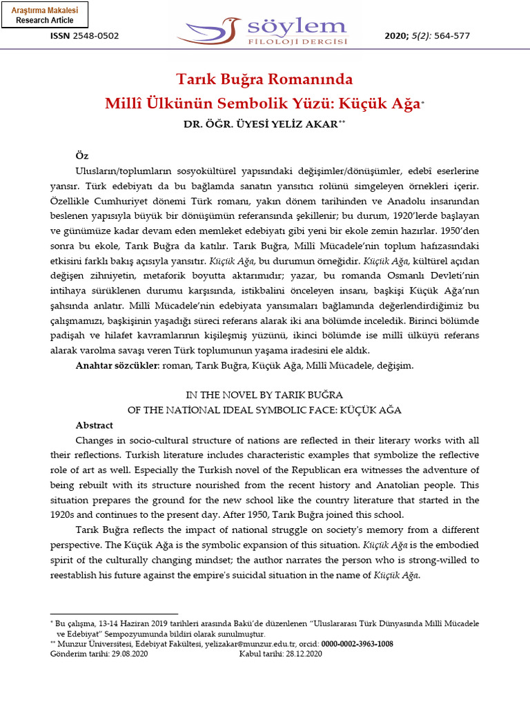 Tarik Bugranin Kucuk Aga Romaninda Milli Ulkunun | PDF