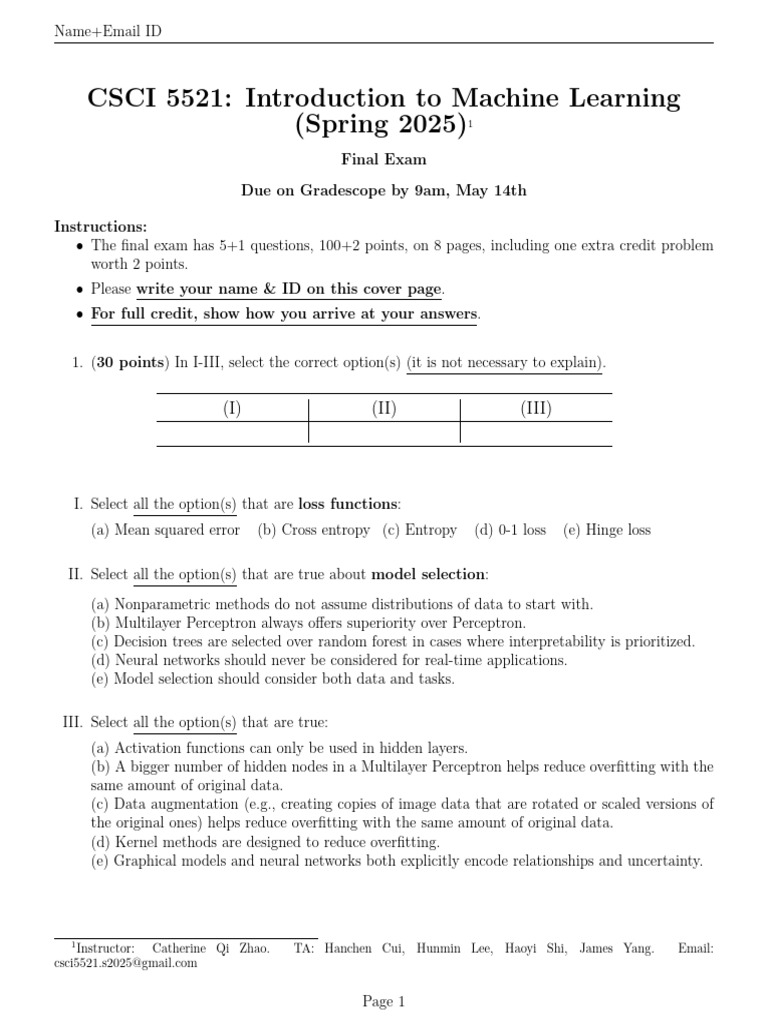CSCI 5521 Spring 2025 Final Exam | PDF | Support Vector Machine | Machine Learning