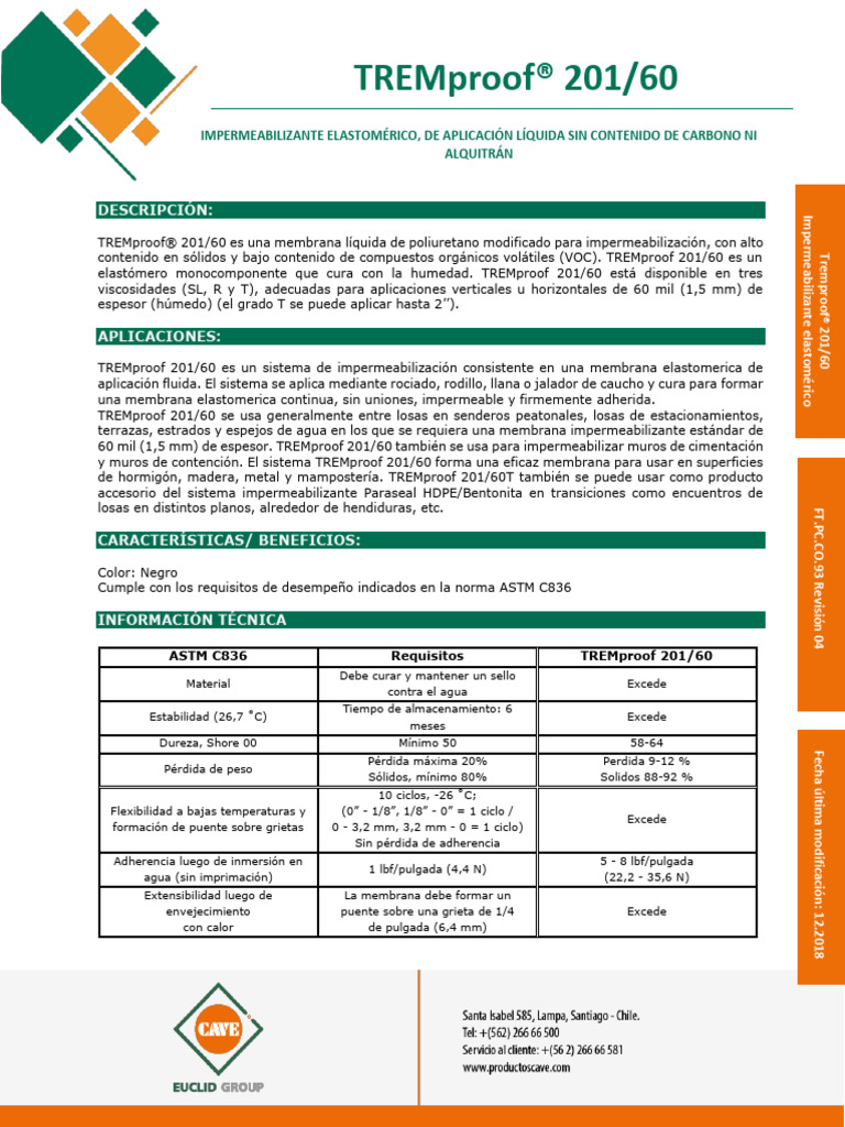 Ficha Tecnica 2018 Tremproof 201 - 60 Rev 4 | PDF | Agua