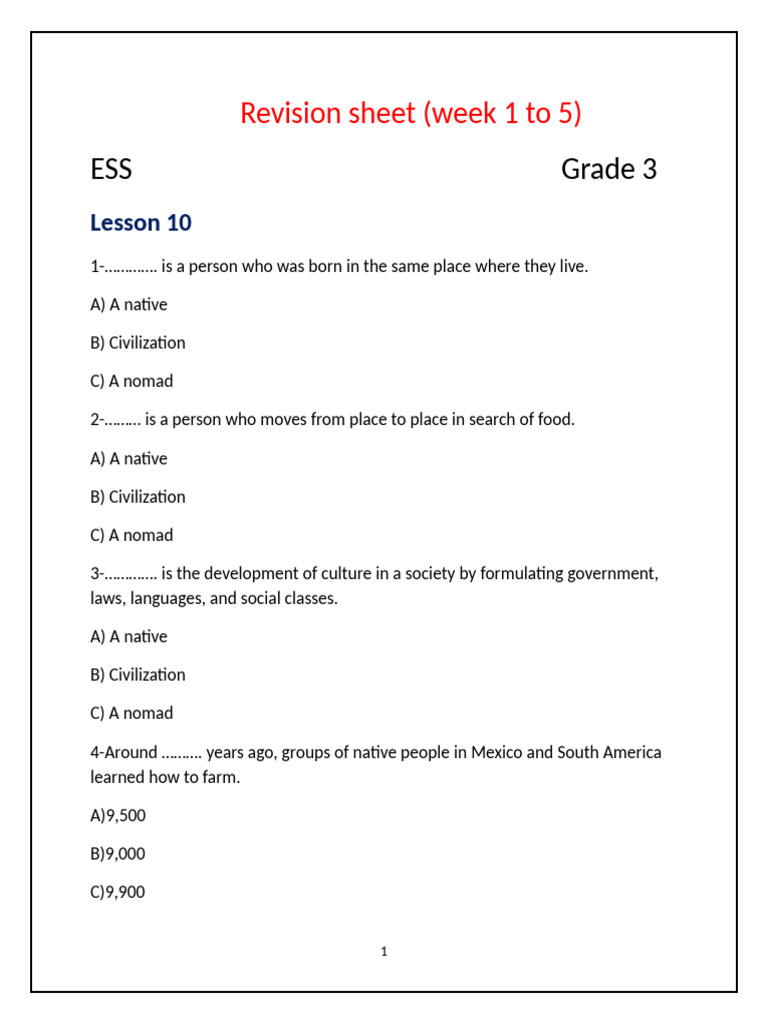Revision Sheet Tri 3 ESS Grade 3 | PDF