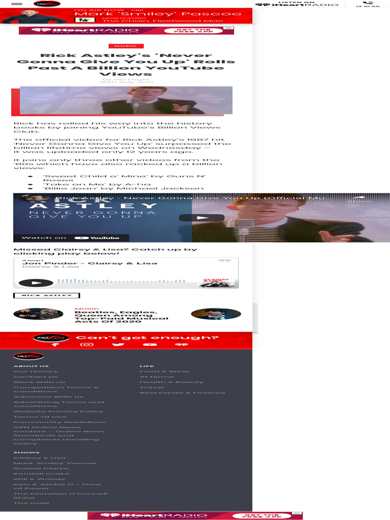 Rick Astley's Never Gonna Give You Up' Rolls Past A Billion YouTube ...