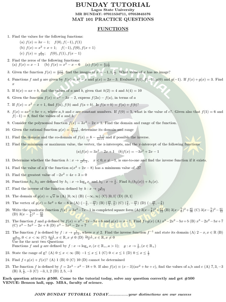 Bunday Tutorial Mat101 Functions Practice Qsts | PDF | Function (Mathematics) | Algebra