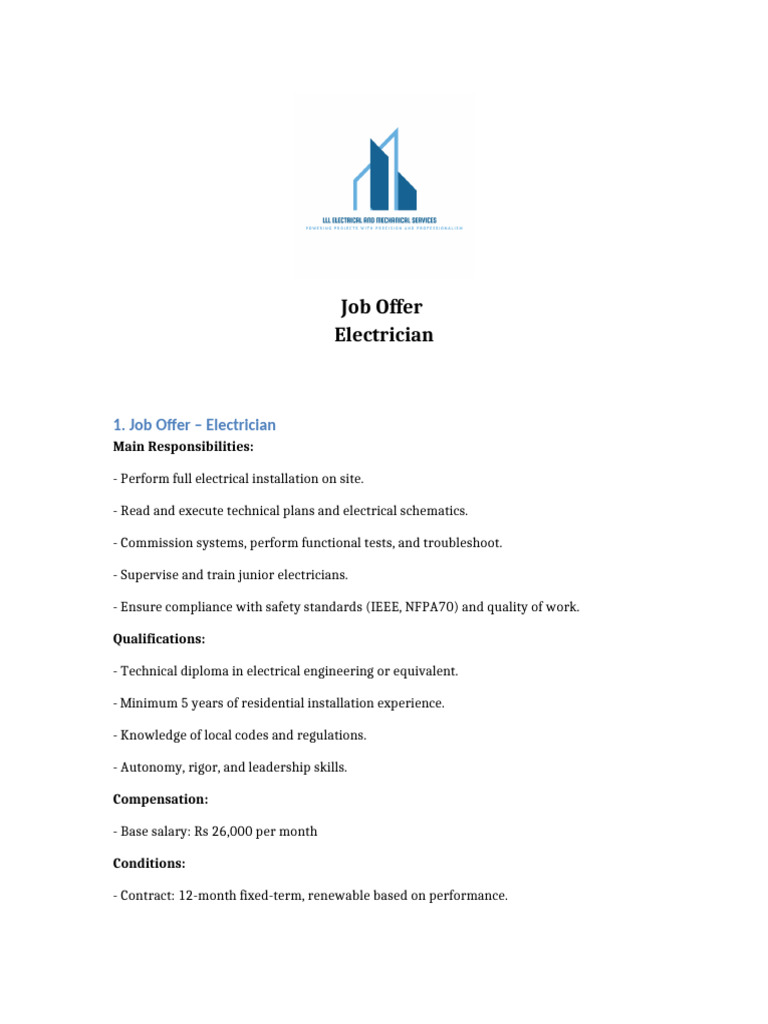 Job Offer Experienced Electrician Yannick | PDF