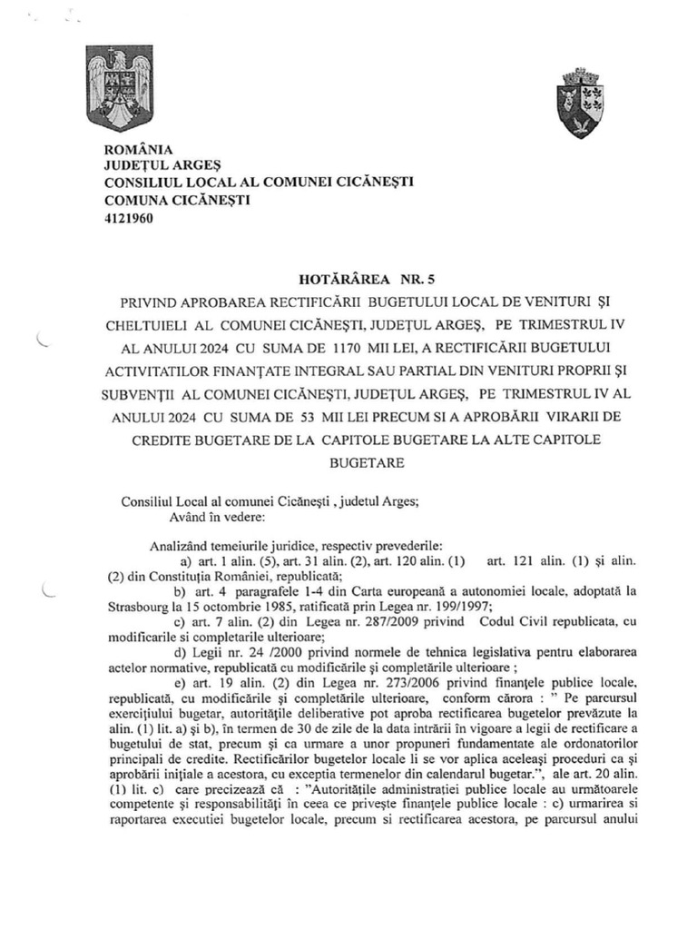 Hotararea NR 5 Din 18.11.2024 Rectificare Bugetara | PDF