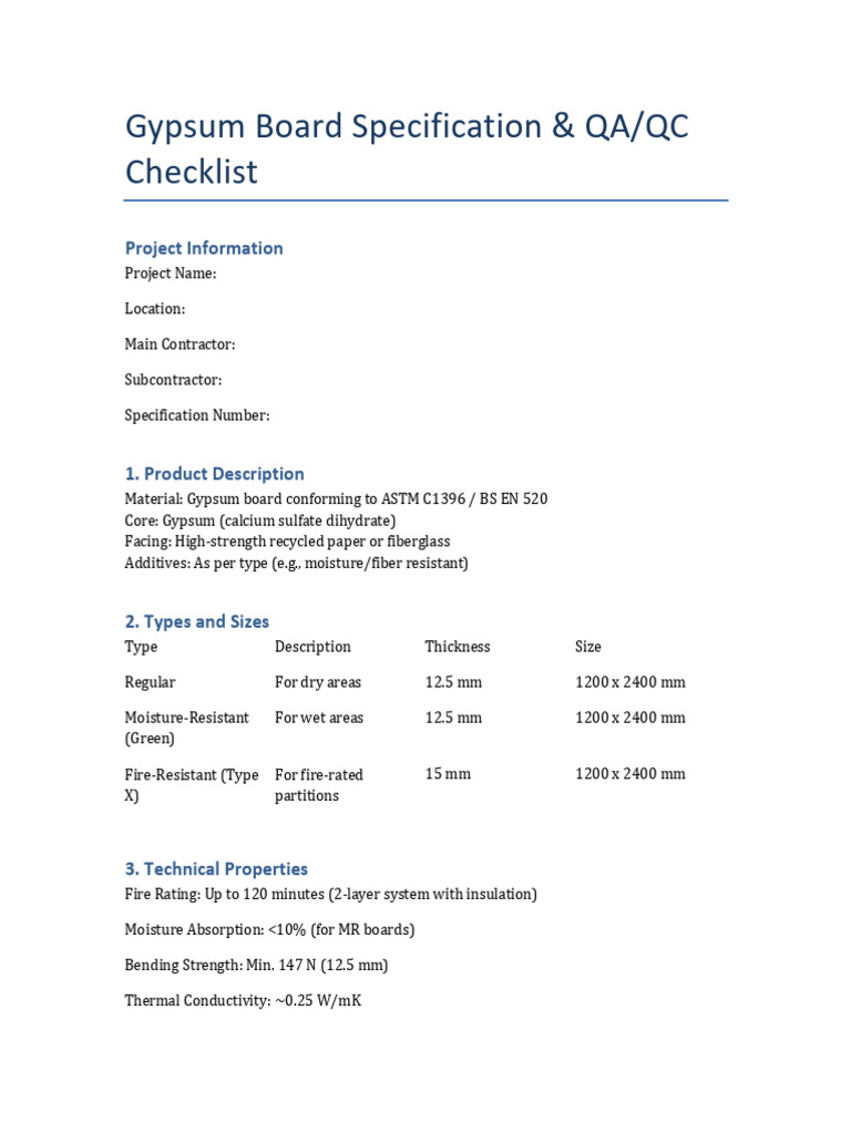 Gypsum Board Specification and QA Checklist | PDF
