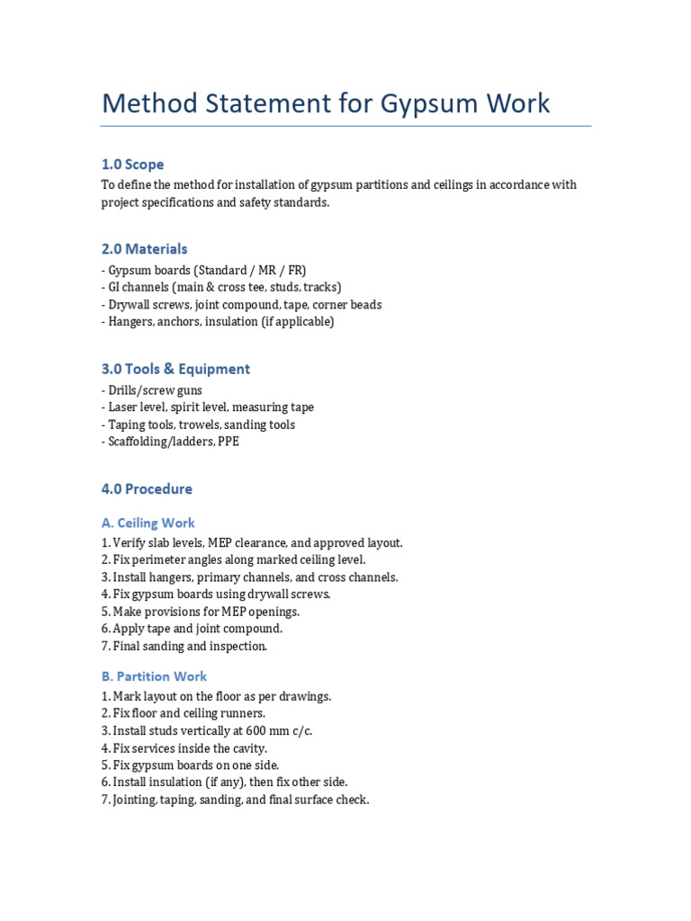 Method Statement Gypsum Work | PDF