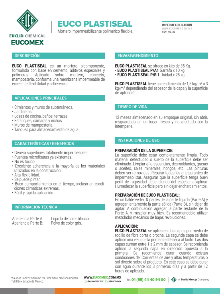 Euco Plastiseal | PDF | Mortero (Albañilería) | Agua