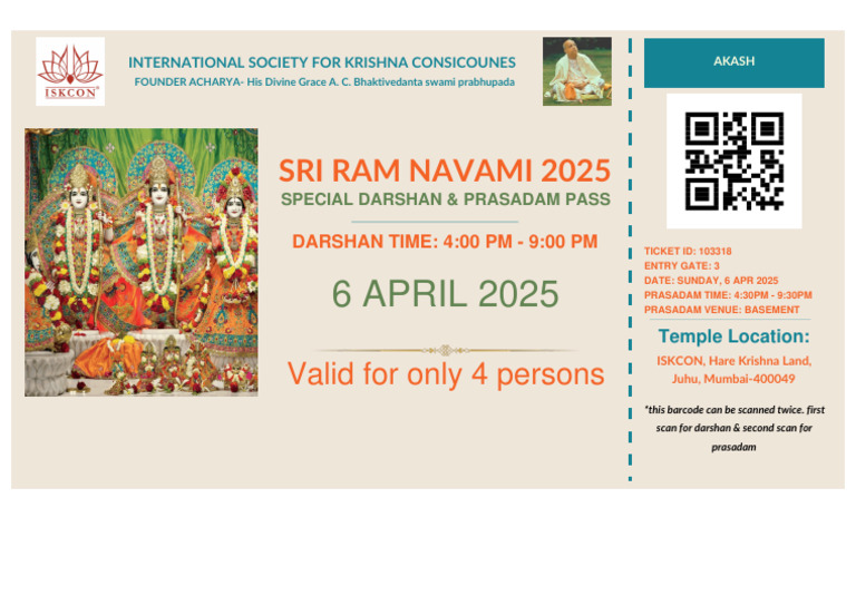 Darshan and Prasadam Pass - Sri Ram Navami 2025 - Akash Gupta | PDF