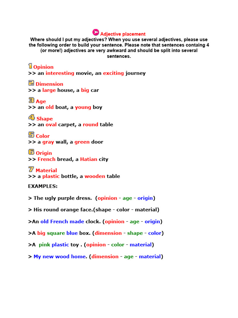 Adjective placement w sentences | PDF