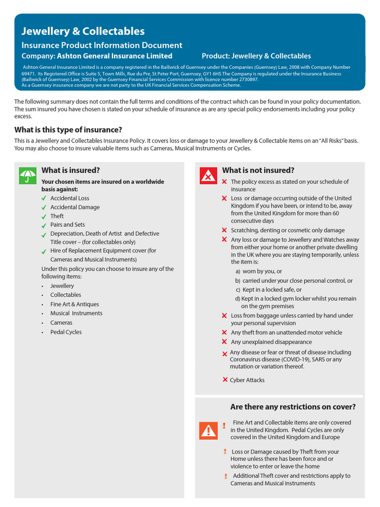 AGI Jewellery Collectables IPID | PDF | Insurance | Bankruptcy