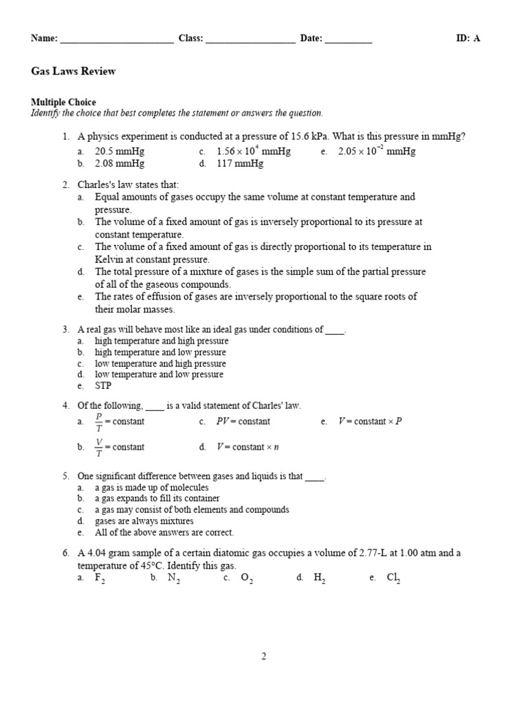 Gas Law Test Review | PDF | Gases | Pressure