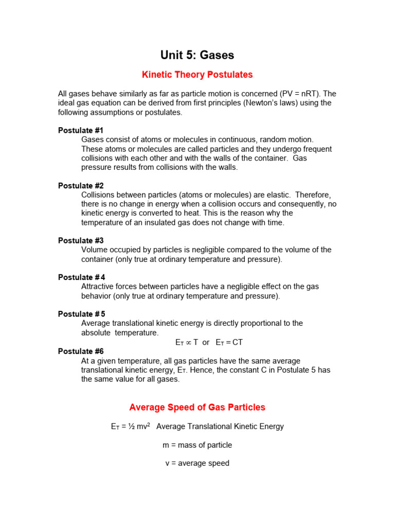 Unit 5 Notes III Kinetic Theory Speed of Gas Particles Effusion and ...