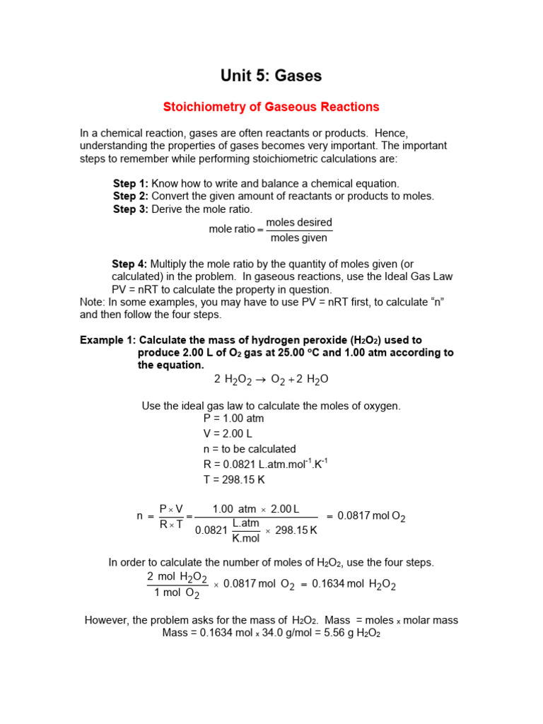 Unit 5 Notes II Stoichiometry of Gasses Partial Pressures and Mole ...