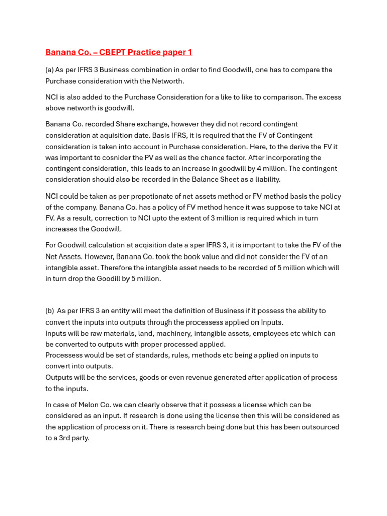 SBR Day 1 Handout Banana Co. Practice Paper 1 | PDF | Goodwill (Accounting) | Financial Accounting