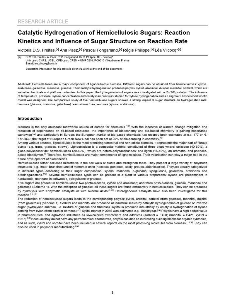 Catalytic Hydrogenation of Hemicellulosic Sugars Reaction Kinetics and ...
