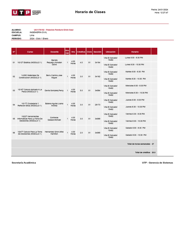 Horario UTP | PDF