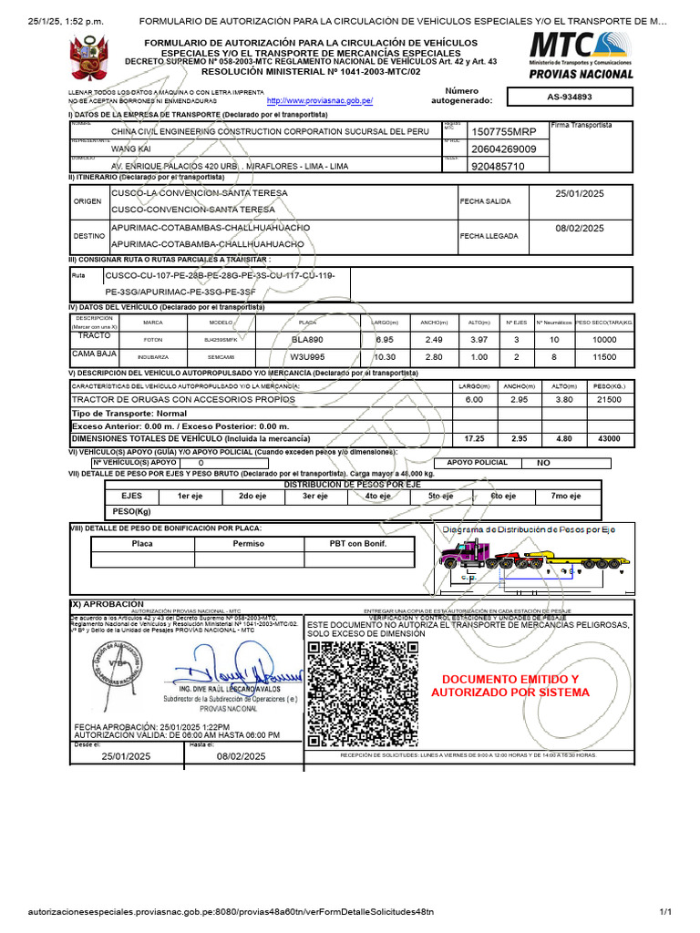 PERMISO MTC - As-934893 Transporte de Tractor Maria - Challhuahuacho ...