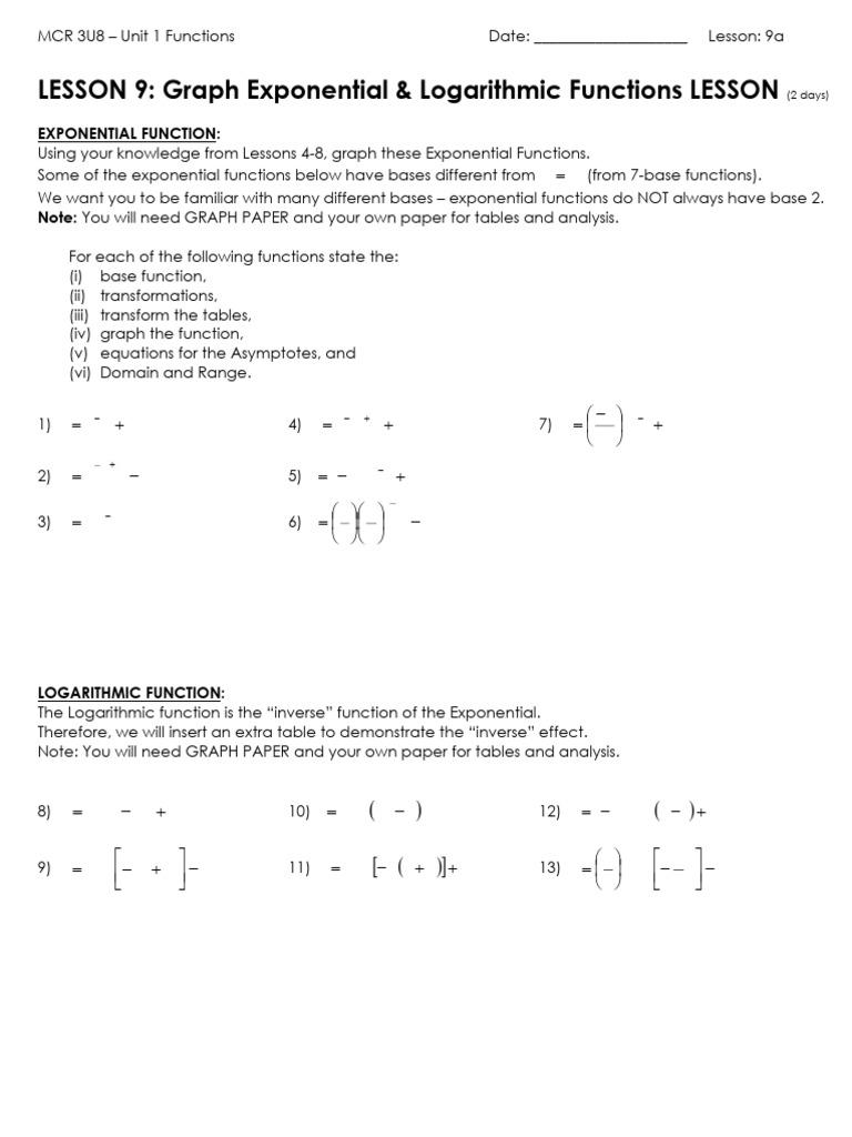1 8 Graph Exponential Logs Student Lesson Pdf Function