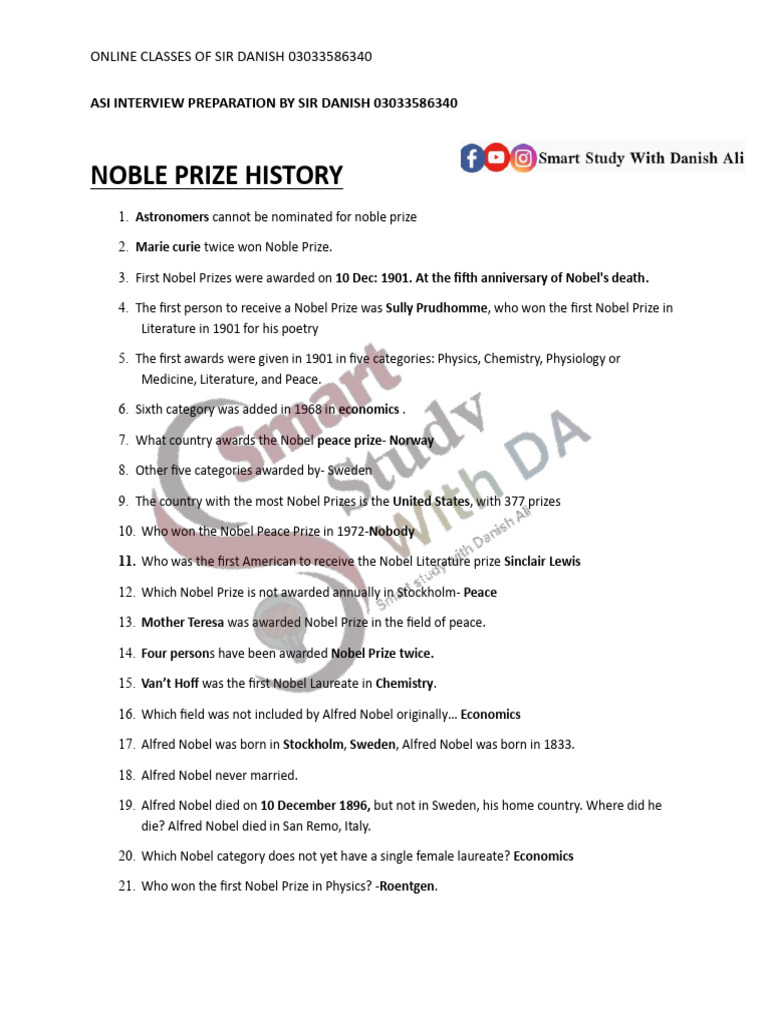 Nobel Prize History and Notable Winners | PDF | Nobel Prize | Awards