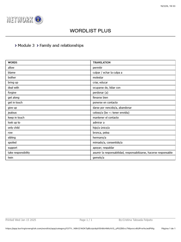 M3 - Wordlist Family and Relationships (Section A) | PDF