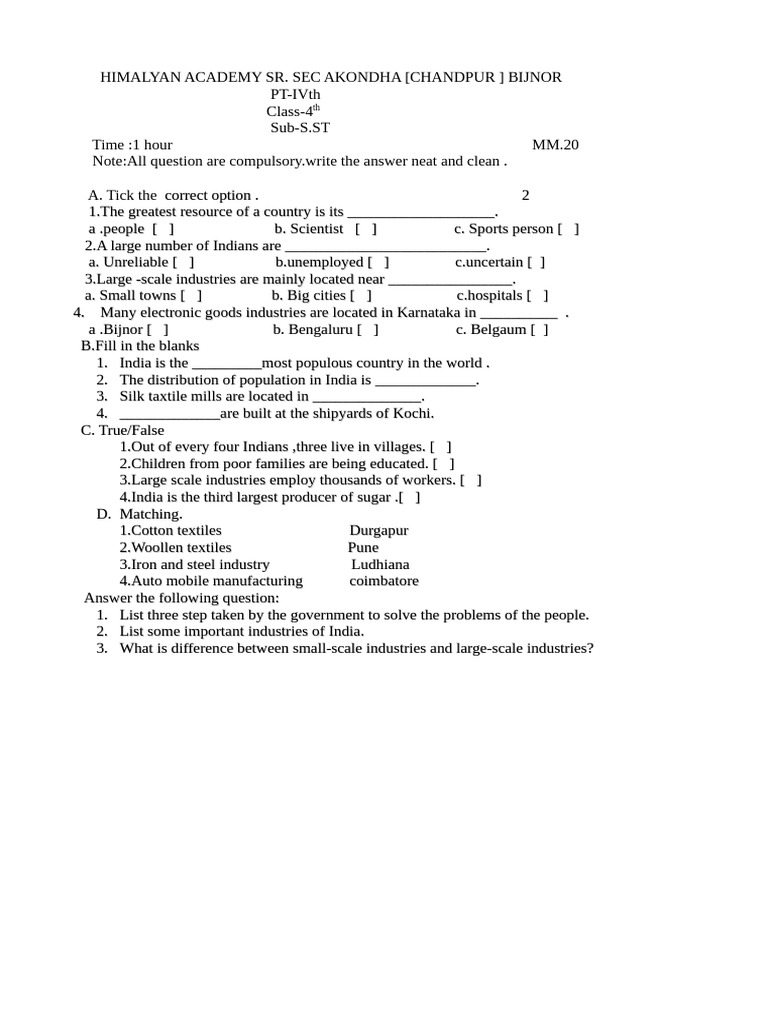 QUE - Paper S.ST Class IVth | PDF