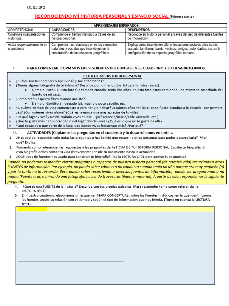U1 s1 1ro Reconociendo Mis Historia Personal y Social | PDF