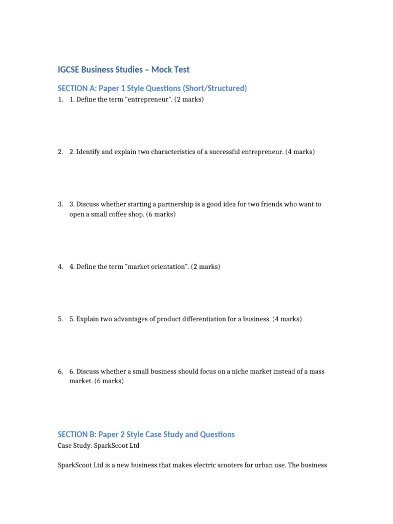 IGCSE Business Studies Mock Test | PDF