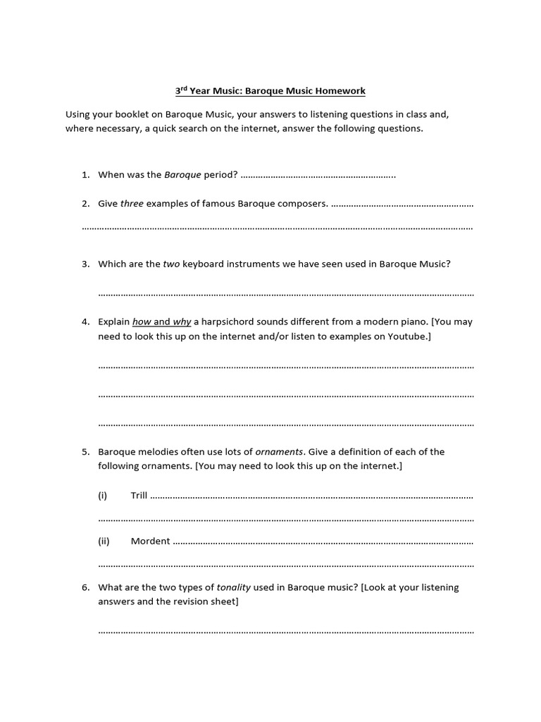 3rd Year Music - Baroque Understanding Homework | PDF