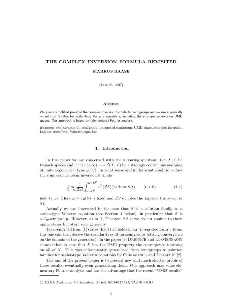 The Complex Inversion Formula Revisited: Markus Haase | PDF | Fourier ...