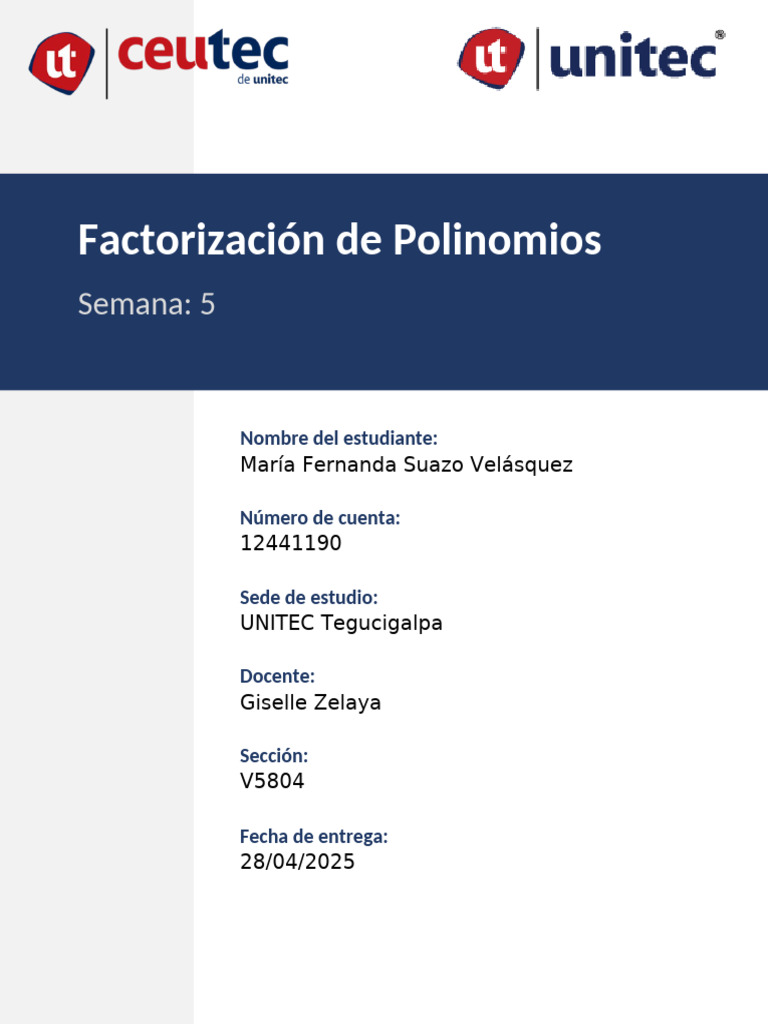 Tarea 5.1 Factorización de Polinomios - María Suazo | PDF