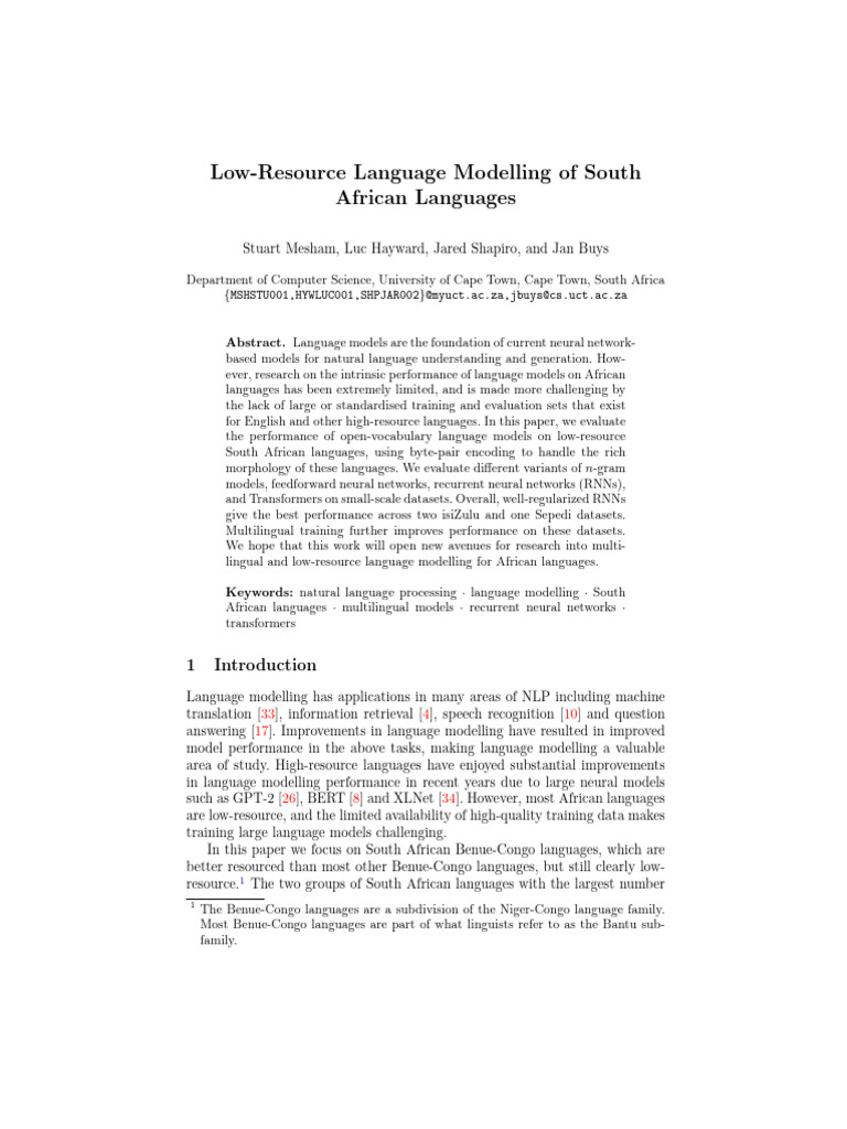 Low Resource Language Modelling of South African Languages SACAIR | PDF ...