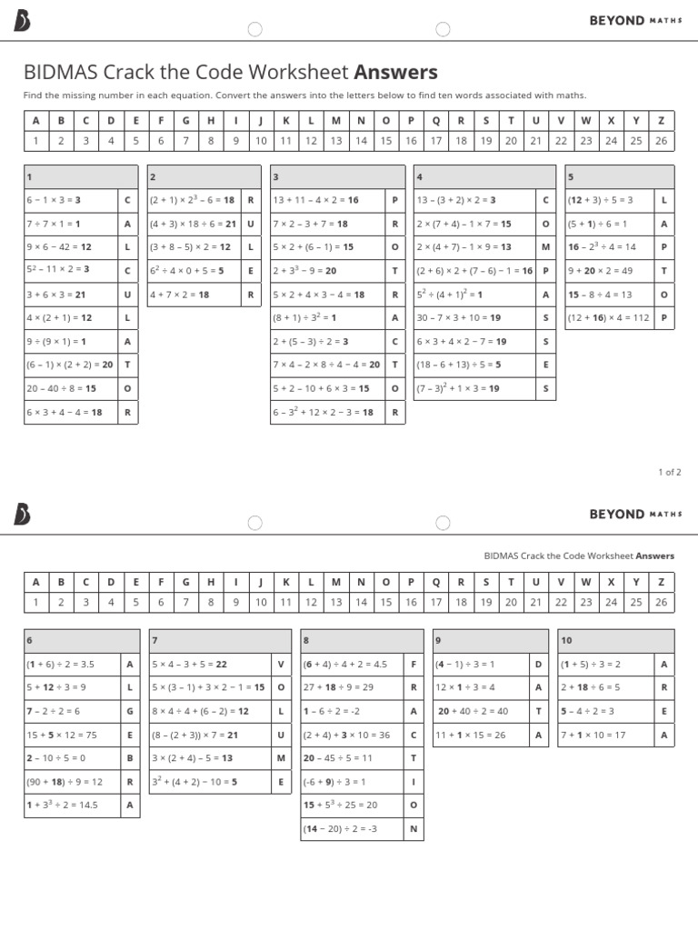 BIDMAS Crack The Code Worksheet (Answers) | PDF | Mathematics