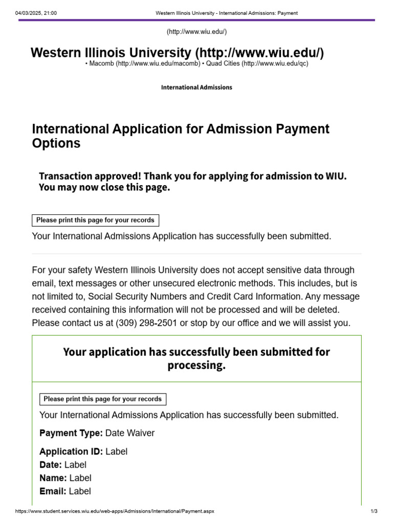 Western Illinois University - International Admissions - Payment | PDF ...