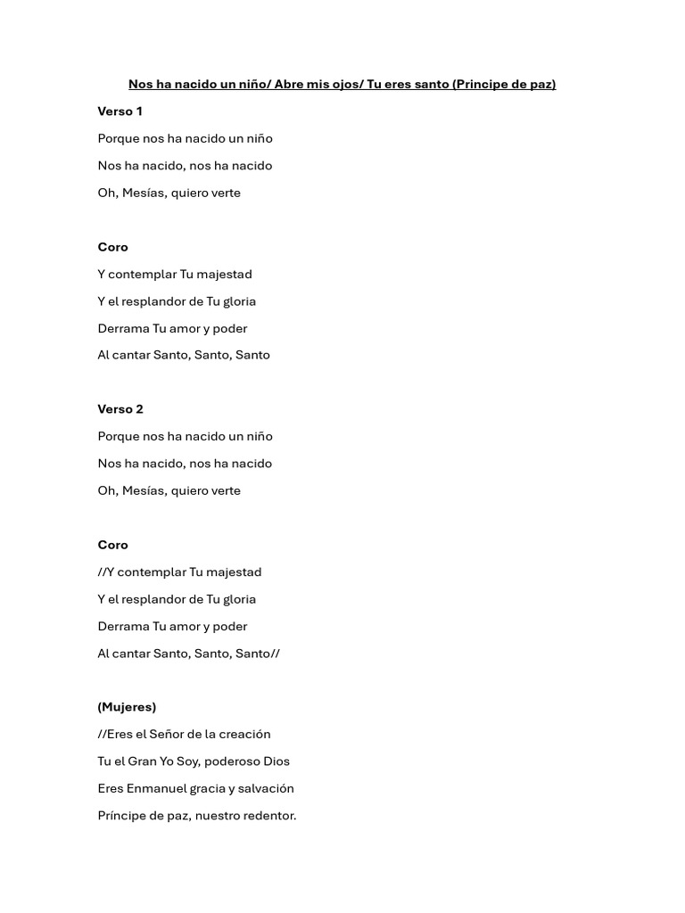 Nos Ha Nacido Un Niño: Abre Mis Ojos: Tu Eres Santo (Principe de Paz) (Letra) | PDF